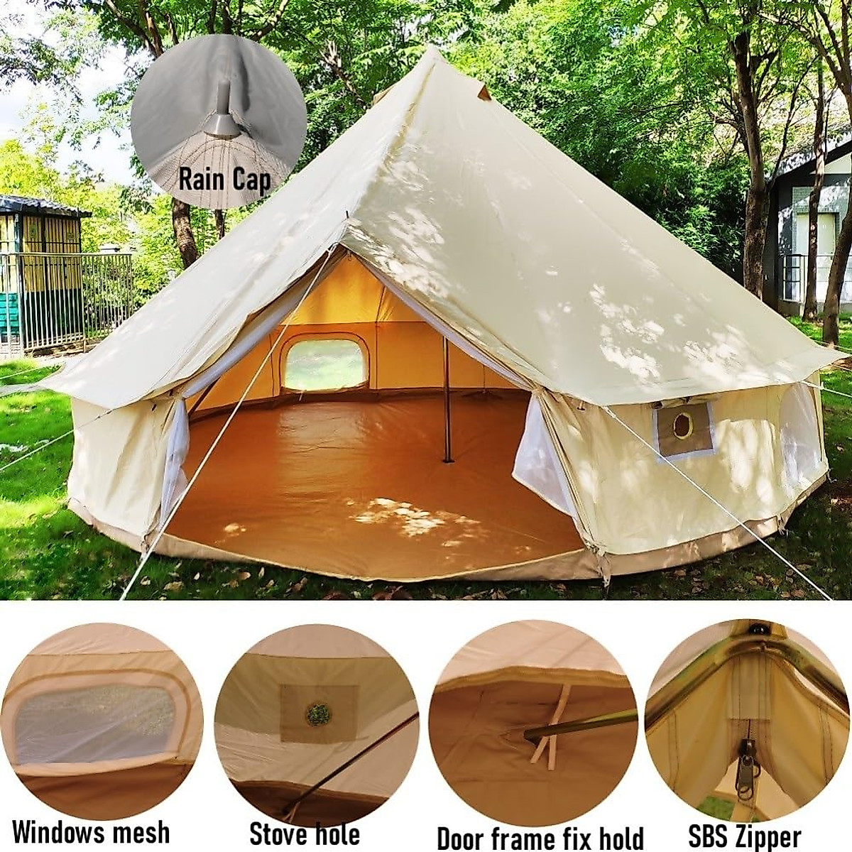 Outdoor Glamping Safari Tent Luxury Cotton Canvas 3M/4M/5M/6M Yurt Bell Tent for Family Camping (Beige Canvas, 4M Bell Tent)