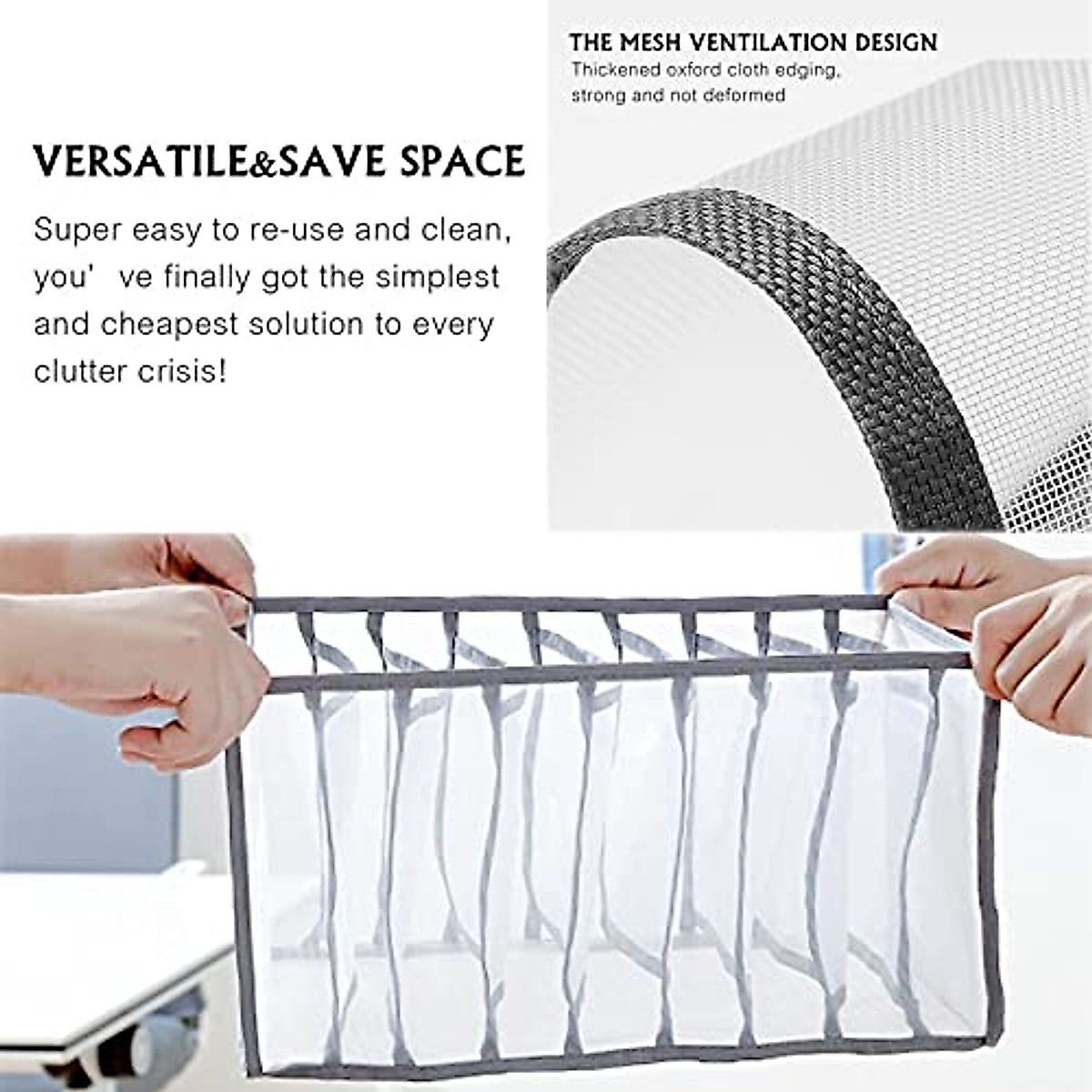 2PCS Wardrobe Clothes Organizer Washable, 7 Grids Foldable Visible Closet Organizer Clothes Drawer, Nylon Mesh Separation Box, for T-shirt, Legging, Skirts, Jeans, Children's clothing (Grey - 2 PCS)