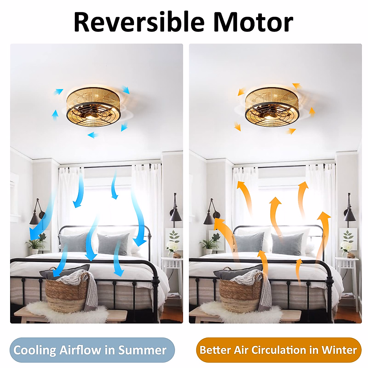 zheshirui Rattan Boho Ceiling Fan with Light Flush Mount, 20 Inch Caged Ceiling Fans with Light and Remote Control, Low Profile Enclosed 6 Speeds for Bedroom Kitchen Living Room