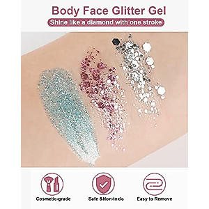 Creamify Face Body Glitter Gel - 3 Colors Pink and Silver Chunky Glitter Gel & Blue Fine Glitter Gel with Gems Sticker, Rave Accessories Hair Glitter Body Shimmer, Less Gel & Quick Dry, 65g