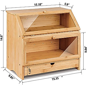 HOMEKOKO Large Bamboo Two-layer Bread Box With Drawer, Double Layers Large Bread Box for Kitchen Counter, Wooden Large Capacity Bamboo Bread Food Storage Bin (NATURAL)