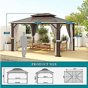 Aoxun 10'x 12' Hardtop Gazebo, Outdoor Dual-Layer Galvanized Steel Double Roof Aluminum Furniture Gazebo Canopy with Netting and Curtains for Deck Backyard Wedding Garden