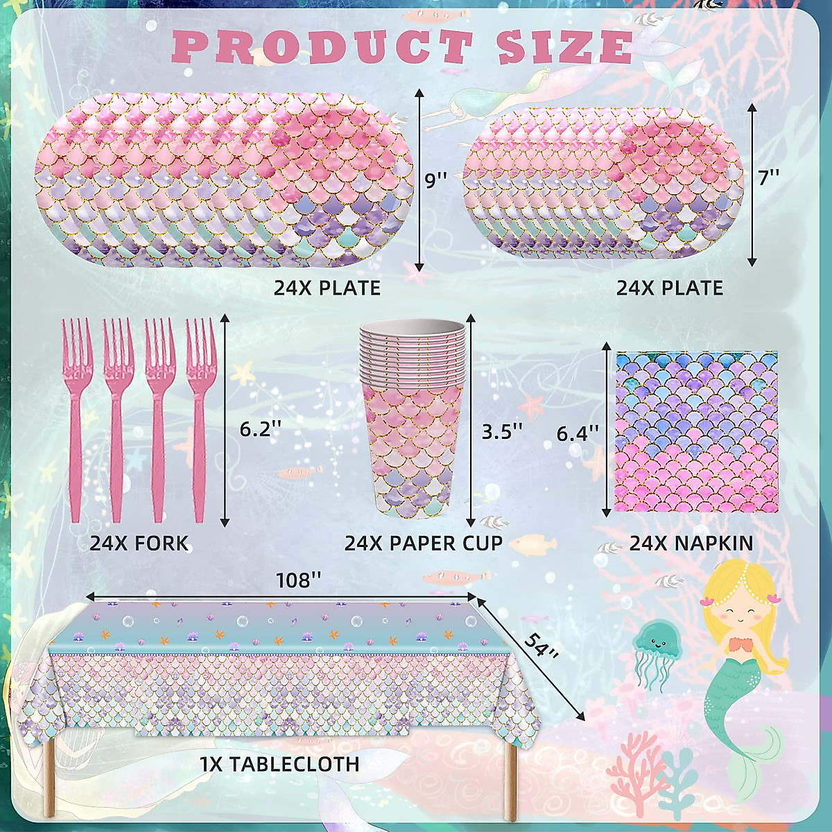 121Pcs Mermaid Birthday Party Supplies Decorations, Mermaid Tableware Set Include Mermaid Plates and Napkins Party Supplies Tablecloths Cups Forks Serves 24 for Girls Baby Shower Ocean Party Supplies