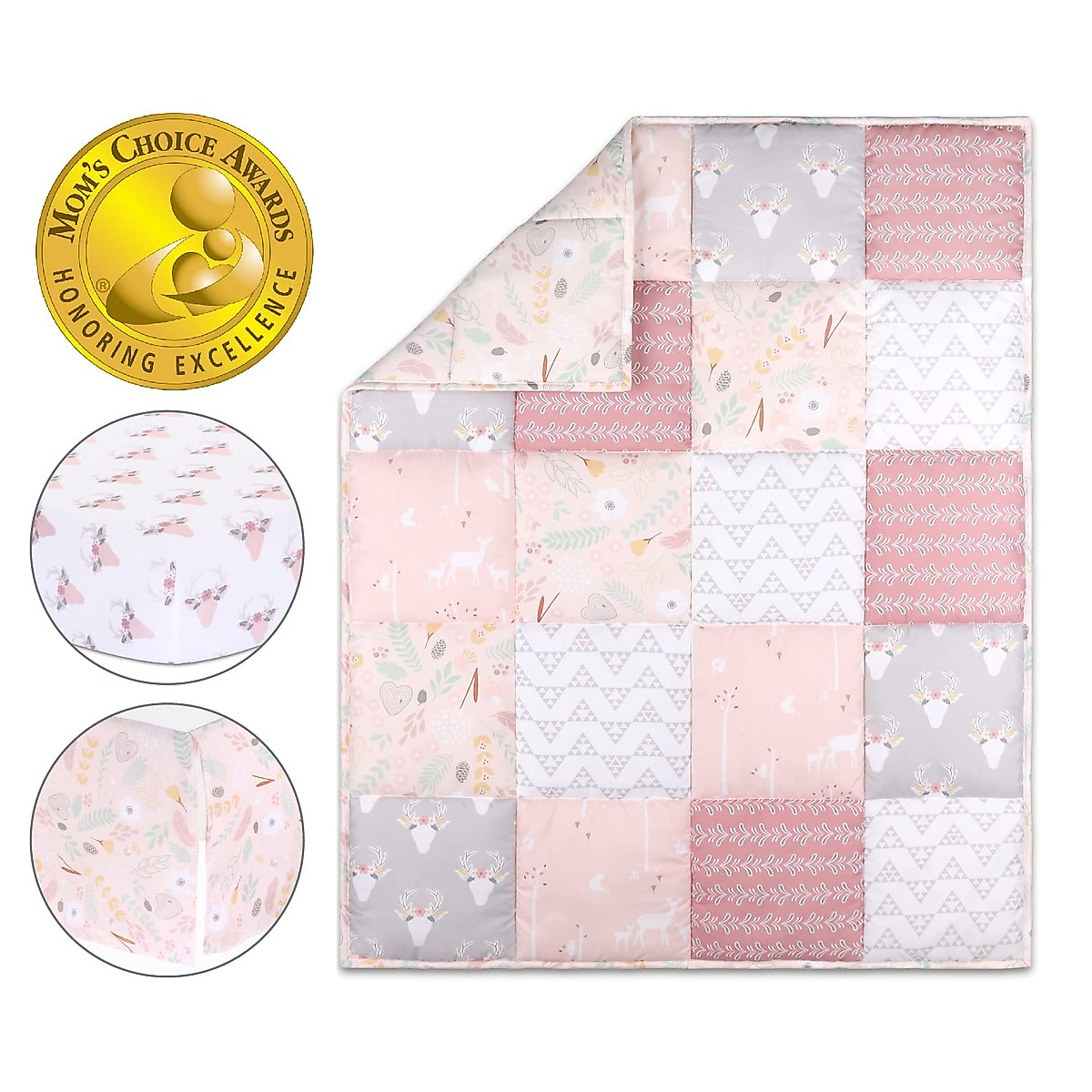 The Peanutshell Pink Woodland Floral Crib Bedding Set for Baby Girls - Crib Quilt, Fitted Sheet, Dust Ruffle Included