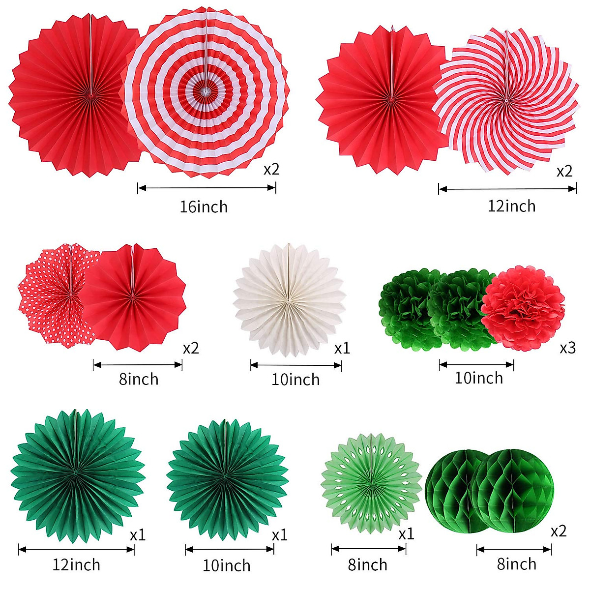Hanging Party Decorations Set Tissue Paper Fan Paper Pom Poms Flowers and Honeycomb Ball for Christmas Wedding Engagement Graduation Party Decor Green Red Kit