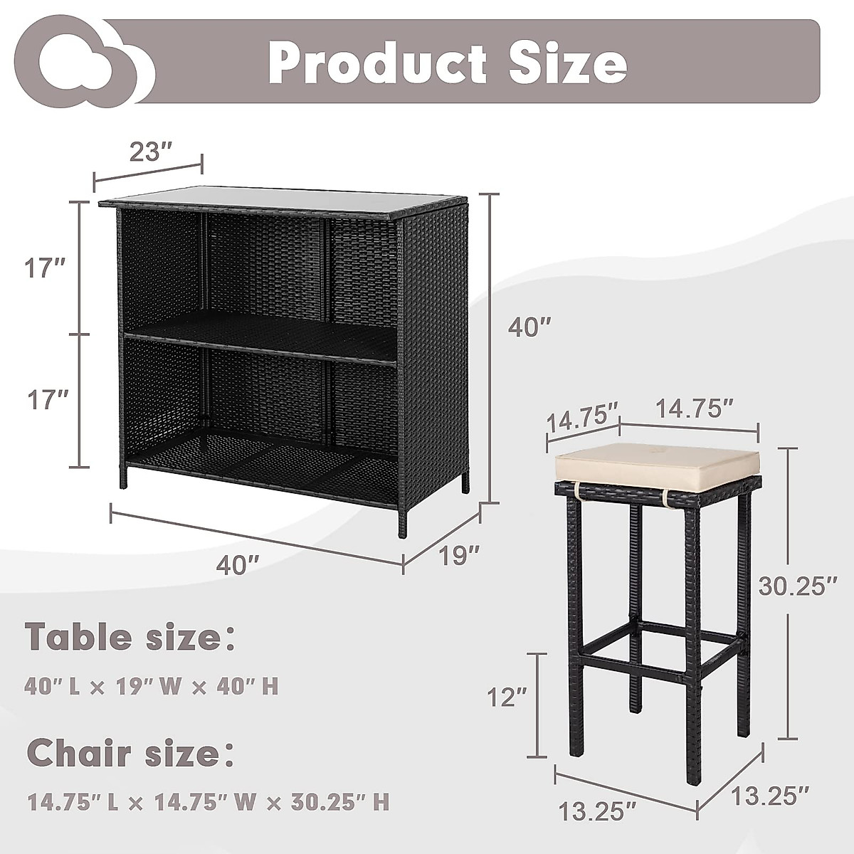 3-Piece Wicker Outdoor Furniture Bar Set, 2 Stools and 1 Glass Top Table, Large-Capacity Storage Space Brown Wicker Patio Bar Table with 9Ft Blue Round Patio Umbrella