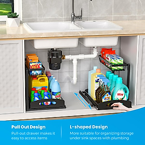 Fkprorjv Under Sink Organizers and Storage, 2 Pack Kitchen Bathroom Sink Organizer with Hooks, 2 Tier Under Sink Cabinet Basket Storage Shelf with Sliding Drawers, Black