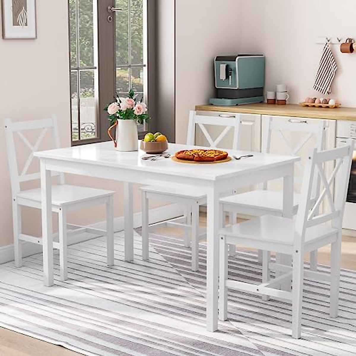 Alohappy Dining Table Set for 4, 5 Piece Kitchen Table Set with 4 Chairs Pine Wood Dining Table Rectangle Breakfast Table and Chairs for Small Space, Space-Saving & Easy Assembly (White)