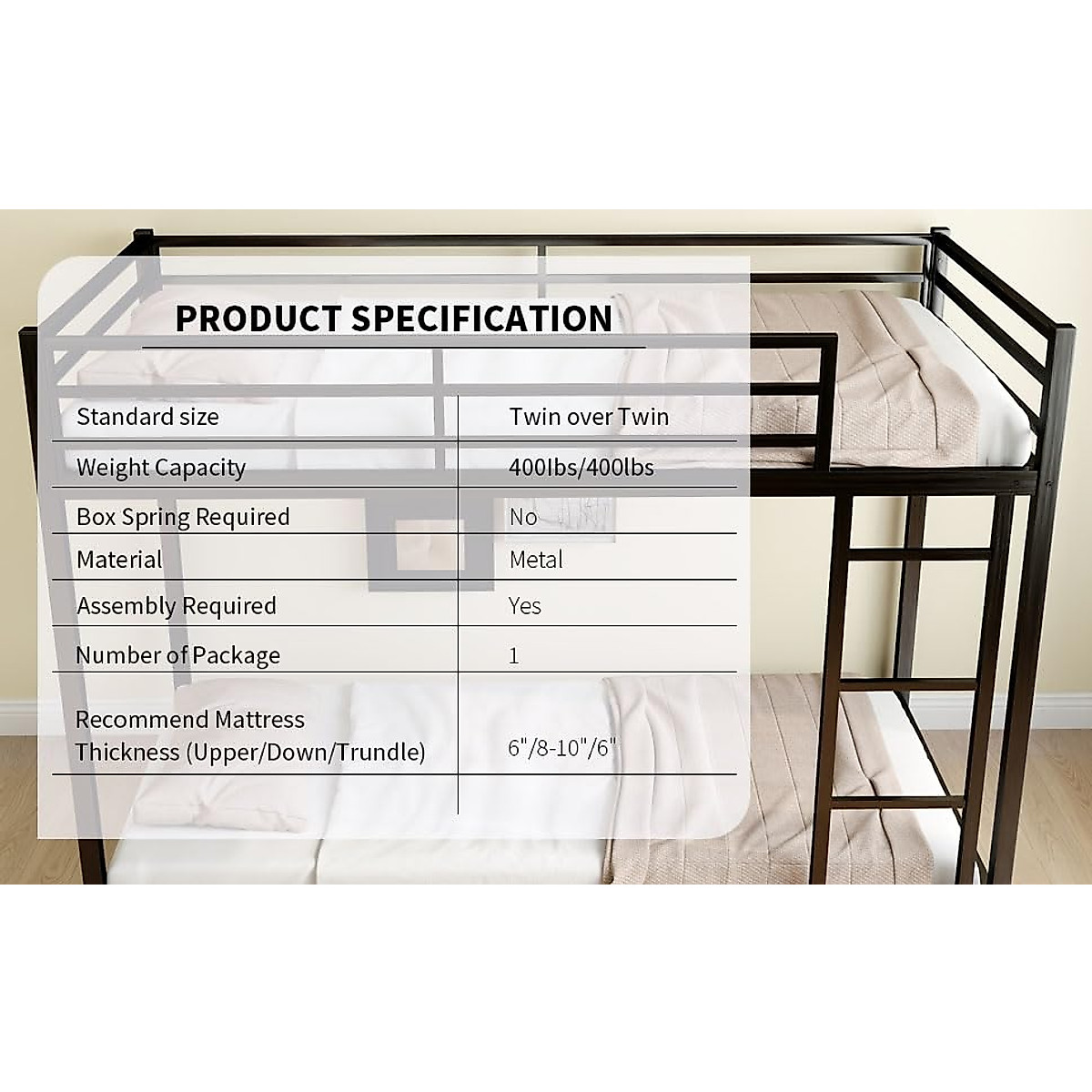QSOSTNS Twin Over Twin Bunk Bed, Metal Low Profile Bunkbed with Side Ladder, Heavy-Duty Sturdy Metal, Noise Reduced, Safety Guardrail, No Box Spring Needed (Black)