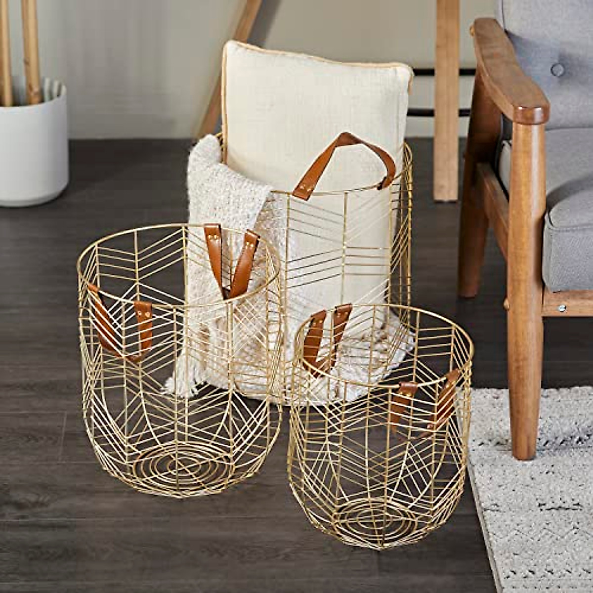 CosmoLiving by Cosmopolitan Glam Metal Round Storage Basket, Set of 3 16", 14", 12"H, Gold