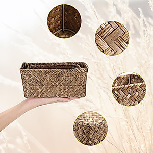 OGANAZI Small Woven Wicker Open Storage Baskets, Set of 3 Natural Seagrass Baskets Rectangular Basket Bins Woven Baskets for Shelf Closet Bedroom (Coffee)