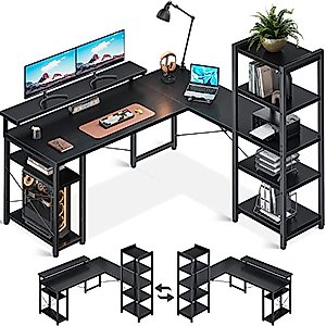 ODK L Shaped Desk with Monitor Stand, 61 Inch Home Office Desks with Storage Printer Shelves, Reversible Corner Gaming Desk with Bookshelf for Bedroom, Black