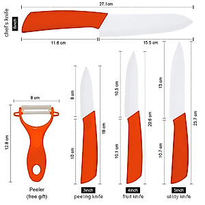 5-Pieces Ceramic Knife Set,Sharp Ceramic Knife with Block Stand,Steak Knife,Orange Kitchen Knives With Anti-Slip handle,Includes 6"Chef Knife,5"Utility Knife,4"Vegetable Knife,3"Bread Knife,1''Peeler