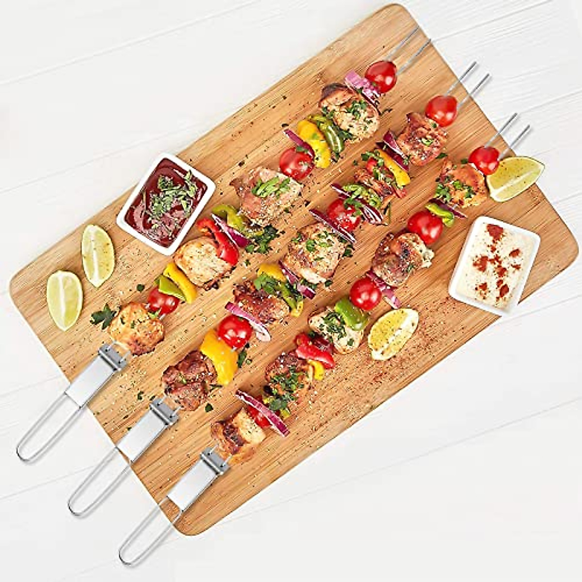 6 Pack Kabob Skewer for Grilling- 17" Long Metal Stainless Steel BBQ Skewer Stick with Push Bar, Reusable Double Pronged Kebab Skewer Tool Quick Release Meat, Chicken, Vegetable and Fruit