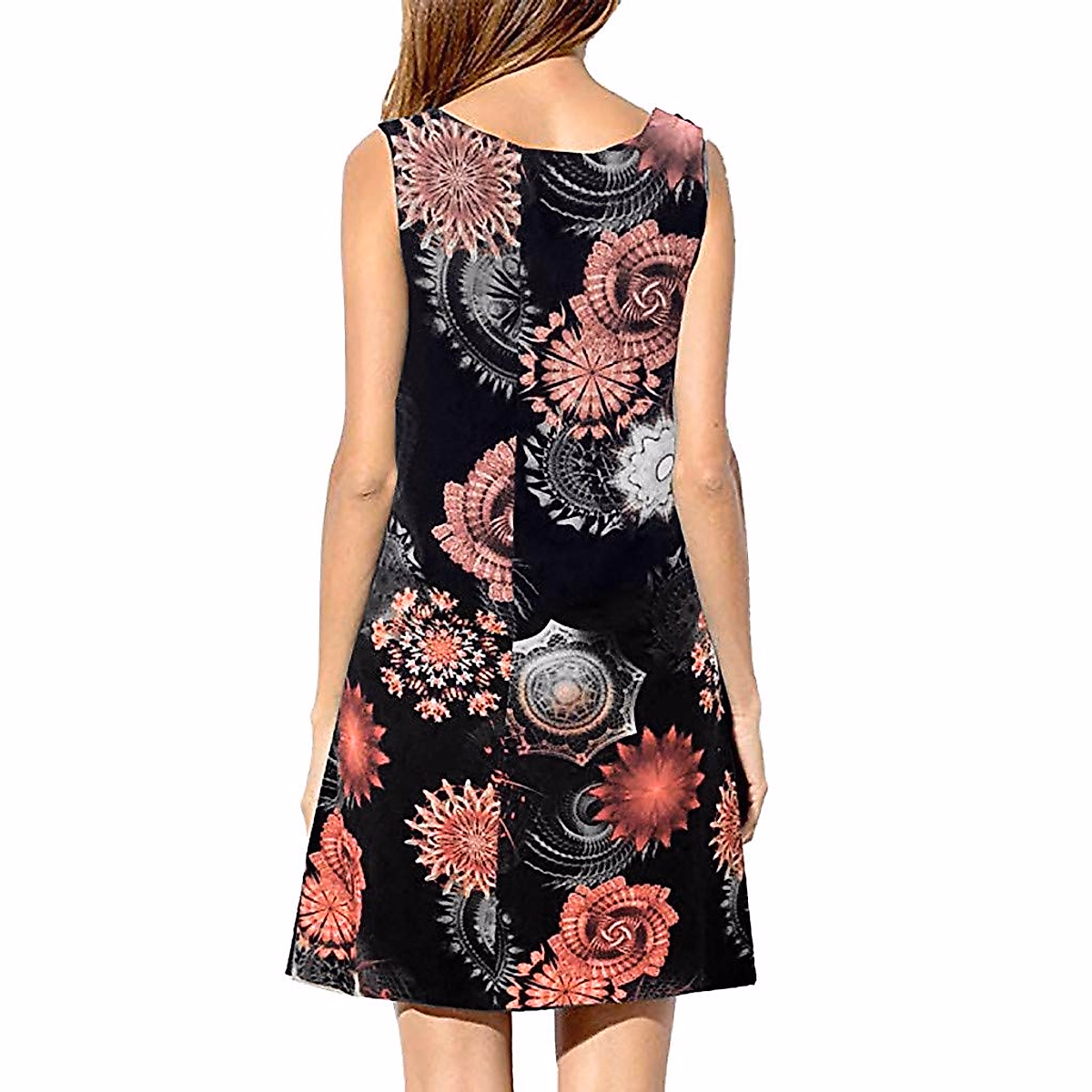 F_Gotal Women Summer Casual Boho Swing T Shirt Dresses Beach Floral Mini Tank Dress Sleeveless Beach Sundress Cocktail Black