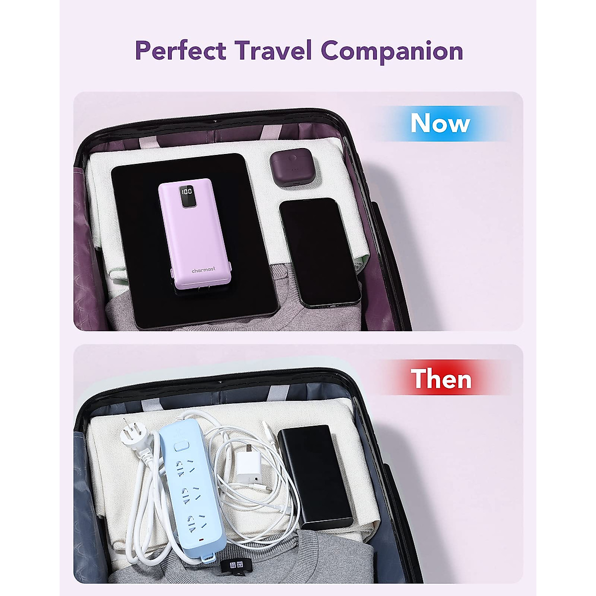 Charmast Portable Charger with Built-in Cables and AC Wall Plug, 10000mAh Ultra Slim Power Bank, External Battery Pack, Travel Accessories Compatible with iPhone 14/13, Samsung Galaxy, etc