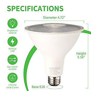 Qualilux Dusk to Dawn PAR38 LED Light Bulbs, Daylight 5000K, 150W Equivalent, 1700LM, Auto On/Off Light Sensor Bulb, E26, 17W 2 Pack, HQ-H033