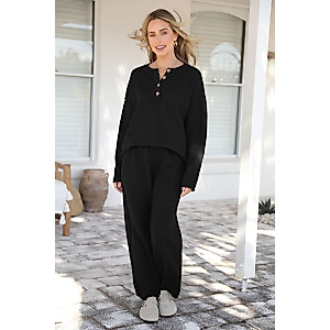 PRETTYGARDEN Women's 2 Piece Tracksuit Outfits 2024 Fall Knit Sweater And Wide Leg Pants Sweatsuit Lounge Sets (Black,Large)