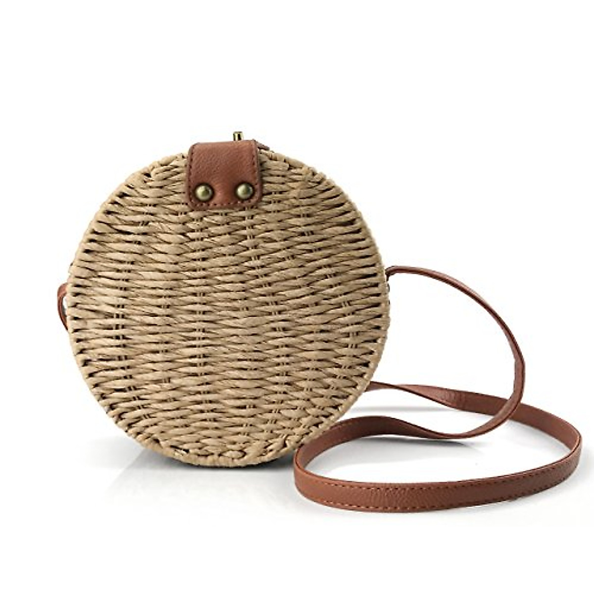 Round Straw Handwoven Shoulder Bag Women Cross body Bag for Summer Holiday (Brown)