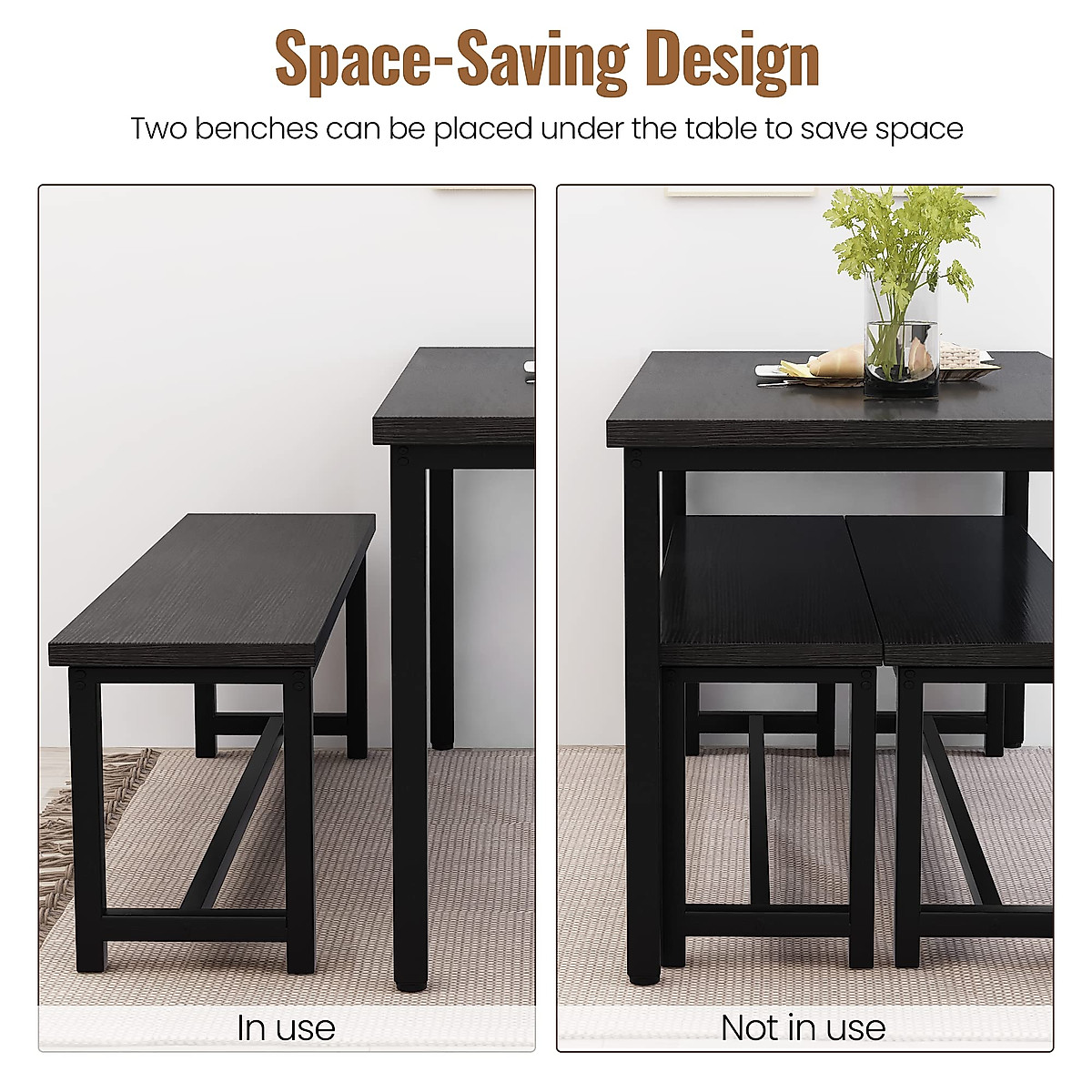 Recaceik 3-Piece Dining Table Set for 4, 43'' Dining Room Table Set with 2 Benches, Space-Saving Dinette Table with Metal Frame & MDF Board, Breakfast Table for Kitchen, Dining Room, Black