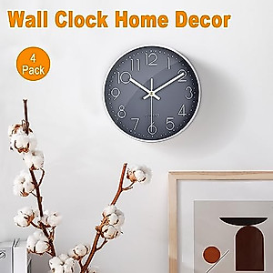 Inbagi 4 Pieces 10 Inch Quartz Silent Wall Clock Non Ticking Wall Clock, Battery Operated, Easy to Read, Round Modern Simple for Office Classroom School Home Living Room Bedroom Kitchen Decor, Gray