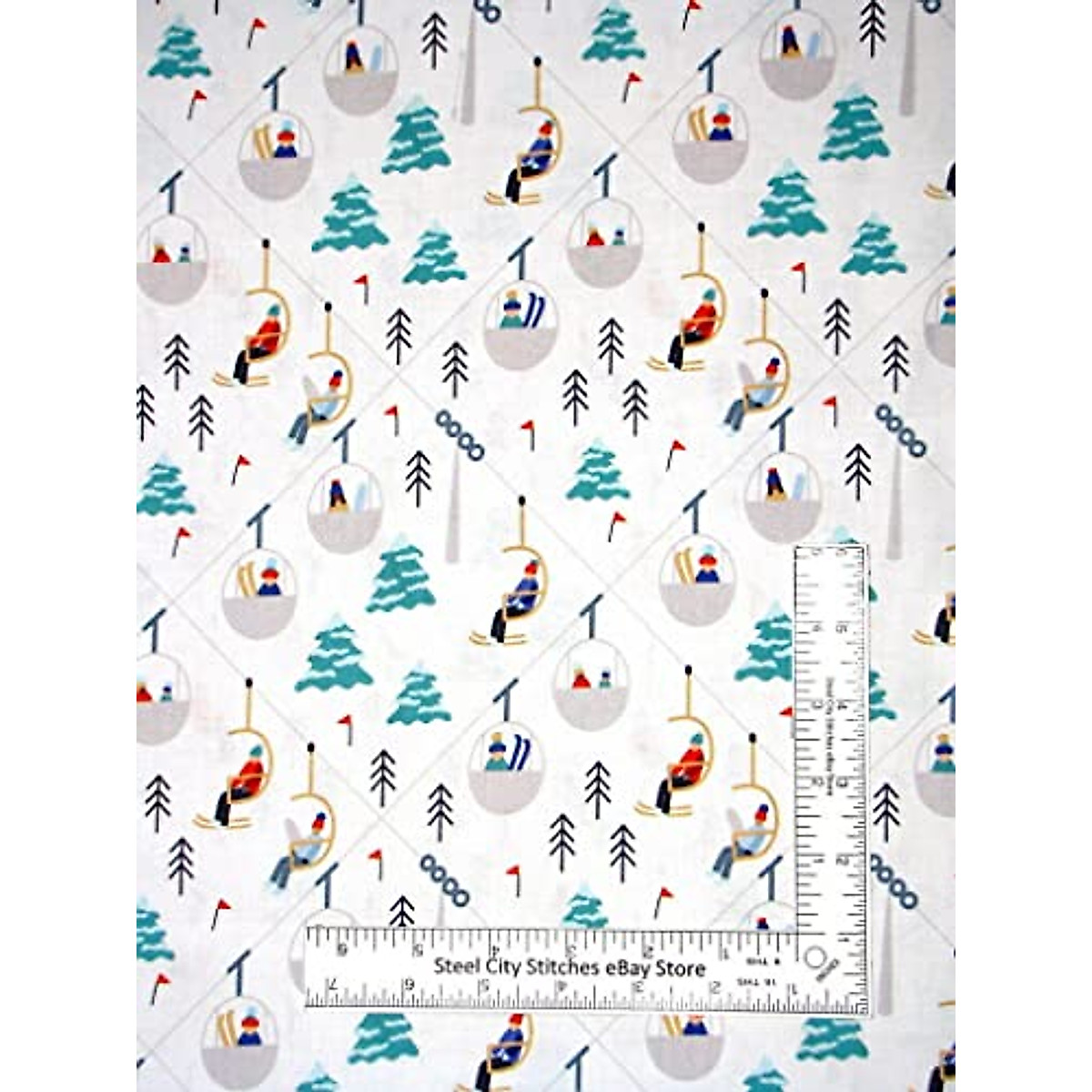FlashPhoenix Sewing Fabric – Christmas Fabric Ski Lift Skiers White Wintertime Joy 100% Cotton Ink Arrow QT Yard 36x44