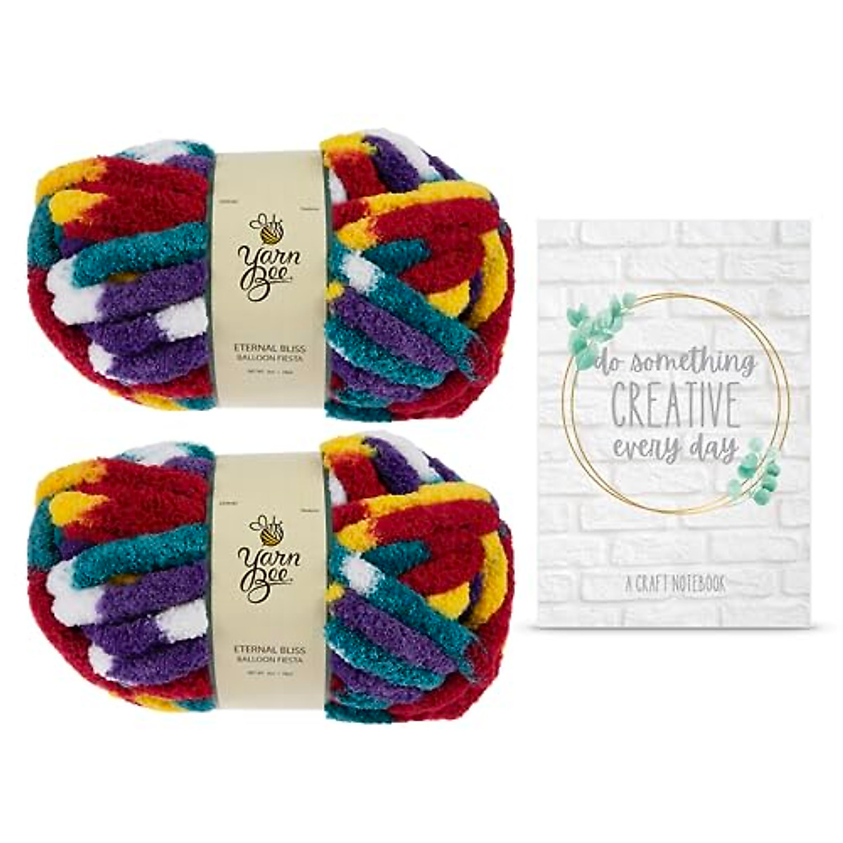 Eternal Bliss Yarn from Yarn Bee, Jumbo Chunky Chenille Yarn for Knitting, Crocheting, and Crafts, 2 Pack Bundle with Craft Notebook from Pro31 Press (Balloon Fiesta)