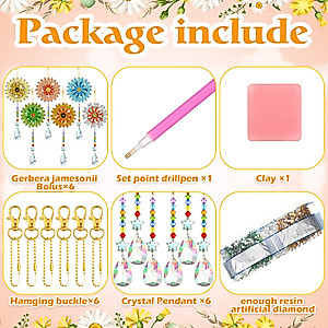 Tradder 6 Pcs Diamond Art Sun Catcher Wind Chime Double Sided Crystal Diamond Art Hanging Ornament African Daisy Sun Catcher Kit for Adults Kids DIY Craft Window Garden Home Decor