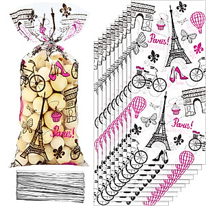100 Pieces Paris Cellophane Treat Bags, Clear Plastic Pink Eiffel Tower Candy Goodie Bags with 100 Silver Twist Ties for Day in Paris Party Supplies