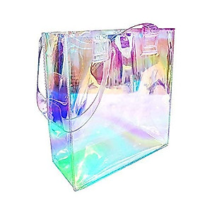inheming Iridescent Clear Tote Bags, Fashion Holographic Clear Handbag for Women Christmas Gift, Large Transparent Stadium Concert Work Bag