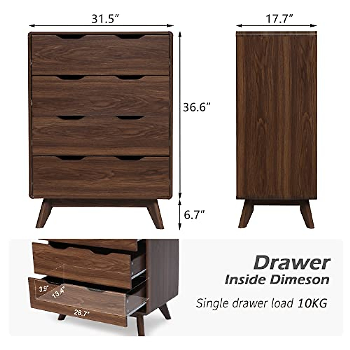 UEV Mid-Century Modern Dresser,4 Drawer Dresser Large Drawers,Chest of Drawers Storage Cabinet,Bedroom Storage Drawer Organizer for Closet, Living Room, Laundry Room(Walnut)