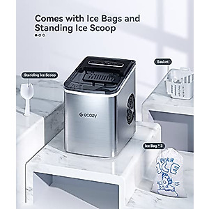 ecozy Portable Ice Maker Countertop, 9 Cubes Ready in 6 Mins, 26 lbs in 24 Hours, Self-Cleaning Ice Maker Machine with Ice Bags/Ice Scoop/Ice Basket for Home Kitchen Office Bar Party, Silver