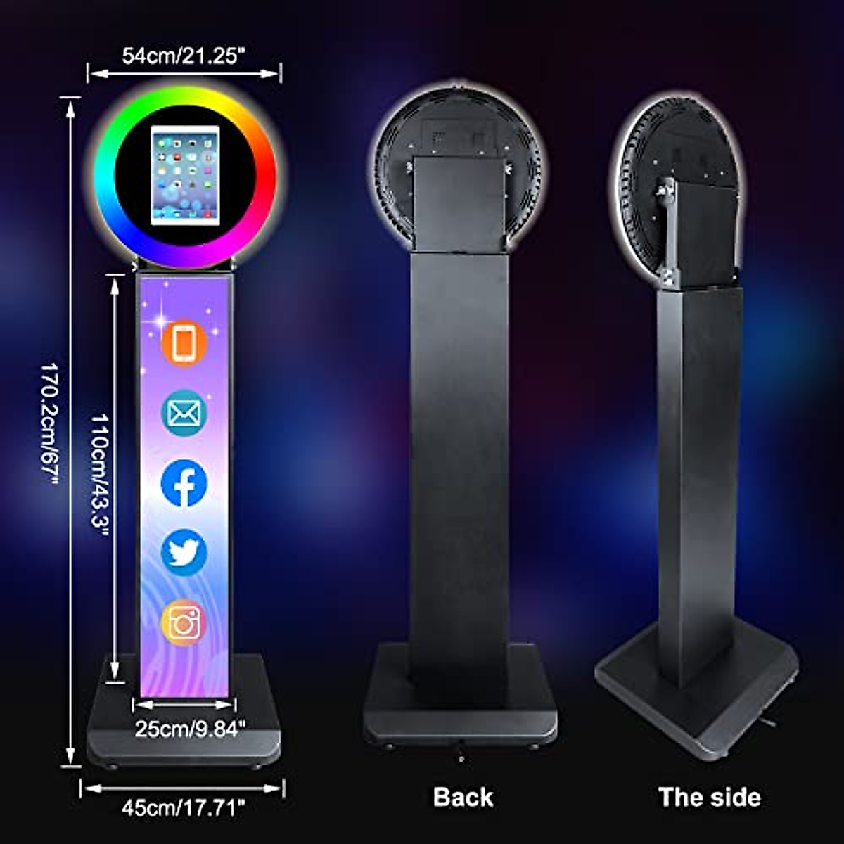 RDYMONKEY Portable Photo Booth for 12.9" Ipad, Metal Shell Stand Selfie Machine with Advertise Light Box, Adjustable RGB LED Ring Light,for Parties, Wedding, Exhibition, Rental Business