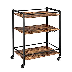 HOOBRO Bar Cart for The Home, Serving Cart with Wine Glass Hooks, Rolling Kitchen Cart with Lockable Wheels, 25.2 x 15.7 x 33.3 Inches Beverage Cart with Storage Shelves, Rustic Brown BF02TC01