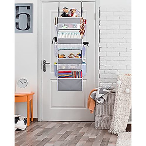 ULG Over Door Organizer with 4 Large Pockets 6 Mesh Side Pockets, 33 lbs Weight Capacity Hanging Storage Organizer with Clear Window for Bedroom Nursery, Baby Kids Toys, Diapers, Light Grey (1 Pack)