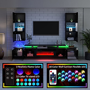 AMERLIFE Wall Unit Entertainment Center with Fireplace and Bookshelves, Includes 70" 2-Tier Fireplace TV Stand, 2 x Wall Cabinets & 2 x End Tables, Modern LED Lights TV Console for Living Room, Black