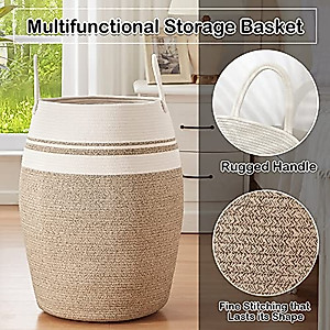 OIAHOMY Laundry Hamper Woven Cotton Rope Large Clothes Hamper 25.6" Height Tall Laundry Basket with Extended Cotton Handles for Storage Clothes Toys in Bedroom, Bathroom, Foldable (Yellow variegated)