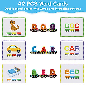 Wondertoys Wooden Alphabet Train Toy 27 PCS Magnetic Alphabet ABC Letter Train Set Includes 42 PCS Flash Cards, 1 Engine and 1 Storage Box for Toddlers Kids Boys and Girls
