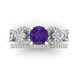 Clara Pucci 2.0ct Round Cut Solitaire 3 stone Natural Amethyst Engagement Promise Anniversary Bridal Ring Band set Real 14k White Gold 4