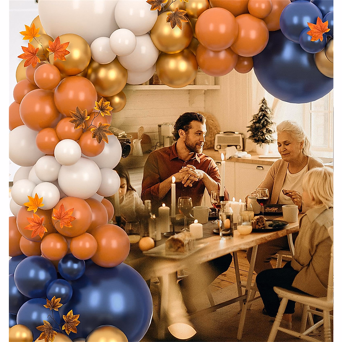 Fall Balloon Arch Kit Navy Blue Orange Sand White Metallic Gold Balloons Garland Maple Leaves for Thanksgiving Birthday Baby Shower Wedding Party Decorations