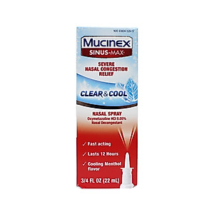 Mucinex Sinus-Max Severe Congestion Relief Clear & Cool Nasal Decongestant Spray- Fast Acting Relief For Sinus Pressure, With Cooling Menthol & Oxymetazoline, 0.75 oz. (Pack of 2), Packaging May Vary