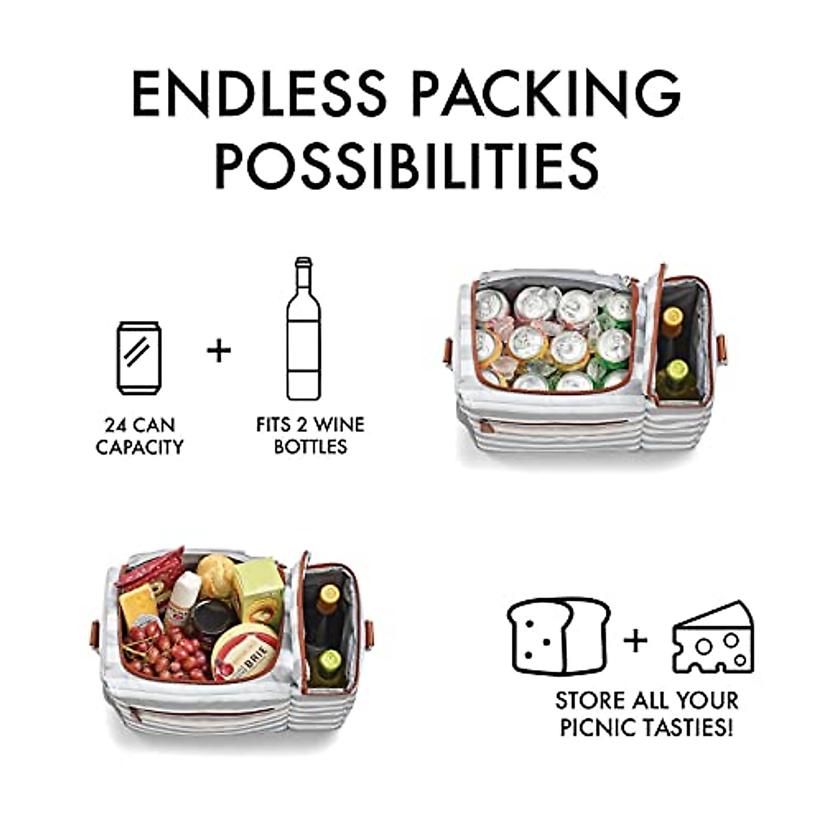 Foundry by Fit + Fresh, Brooks Dual-Compartment Insulated Cooler Bag with Wine Cooler Compartment, Food & Beverage Beach Bag, Picnic Basket, Perfect for Tailgating & Camping Accessories, Grey Stripe