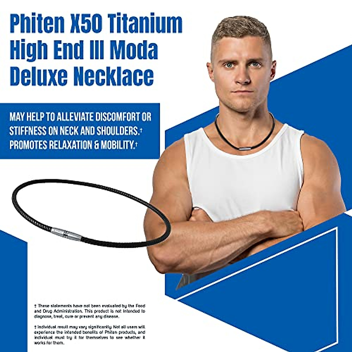 PHITEN X50 Titanium High End Moda Deluxe Necklace - Faux Leather Necklace Cord with X50 Aqua-Titanium - Elastomer Core with Micro Titanium Spheres and Stainless Steel Clasp - Black, 20 Inch