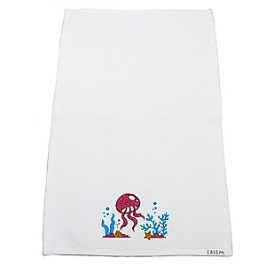 Ebsem Marine & Sea Life Hand Dish Towel 2 Pieces Set Premium Quality Turkish Towels Super Soft, Plush and Highly Absorbent Hammam Gym Nautical Yacht Boat Design (White, Jellyfish)