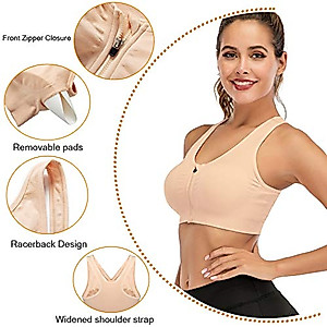 FLORATA Sports Bras for Women Zip Front Sports Bra Wireless Post-Surgery Bra Removable Cups Yoga Sport Bra