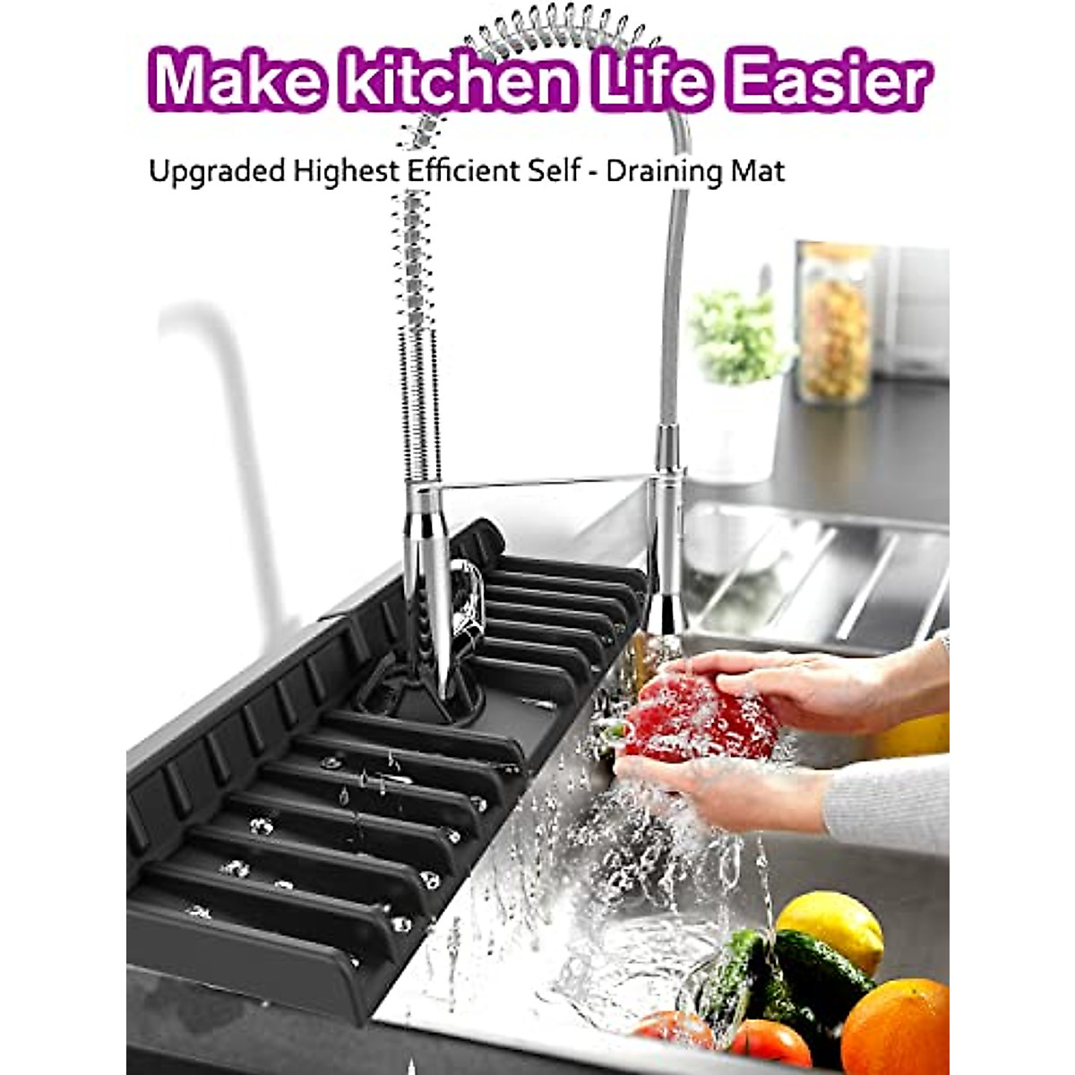 Decyam Upgrade Kitchen Sink Splash Guard, Silicone Faucet Handle Drip Catcher Tray, Kitchen Sponge Holder Faucet Absorbent Sink Protectors Mat for Kitchen Bathroom Sink Accessories (2 pcs black)