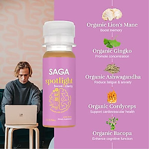 SAGA Spotlight Mushroom Energy Shots, Nootropic & Adaptogen Brain Focus, Cognitive Supplement Functional Beverage with Organic Lion’s Mane, Cordyceps, Gingko and Bacopa, Vegan, Exotic Guava, 6 Pack