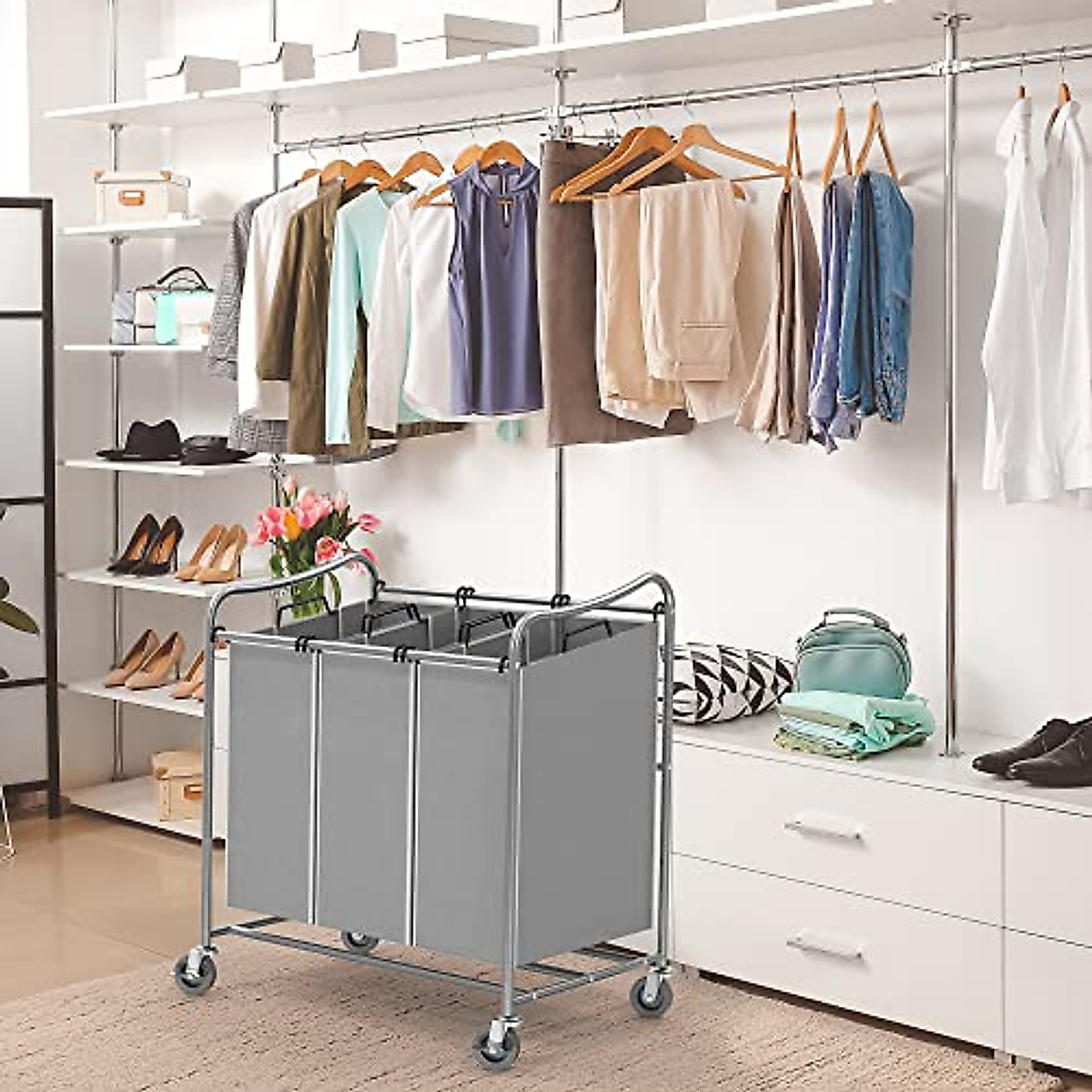 SimpleHouseware Heavy-Duty 3-Bag Laundry Sorter Cart, Silver