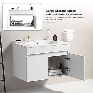 QuixotYDDZ 36 Inch Bathroom Vanity, Modern Freestanding Bathroom Vanity Cabinet with Ceramic Vessel Sink, Rubber Wood Bathroom Storage Cabinet with Top Basin and Metal Legs, White(No Faucets)