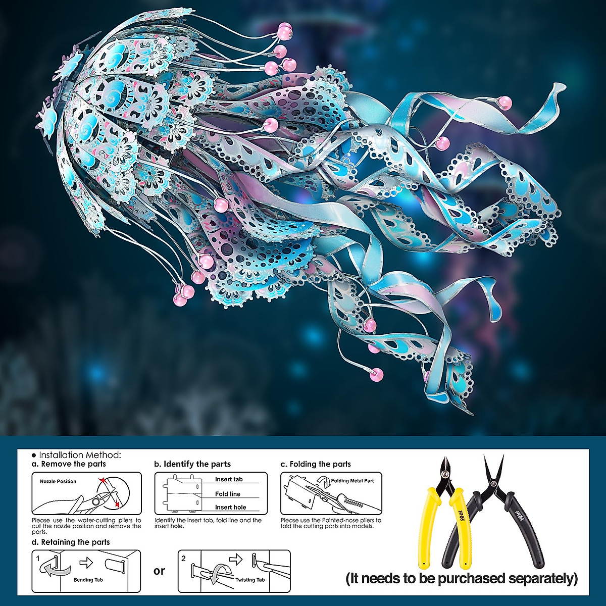 Piececool 3D Puzzles for Adults, Jellyfish Night Light with USB Plug, Ocean Animals 3D Metal Model Building Kits, Hobbies DIY Assembling Arts and Crafts Best Christmas Gifts